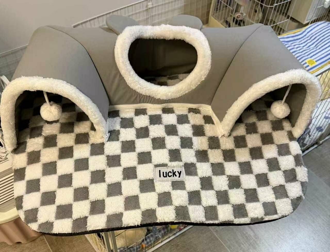 Утепленный домик-лежанка для кошек с игровым туннелем, тоннель для кошек игровой, домик для кошки, Серая решетка TJ