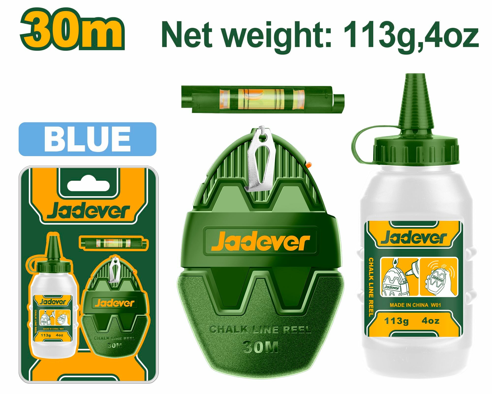 Набор разметочный (шнур 30м, порошок голубой) +уровень JADEVER JDHX1630