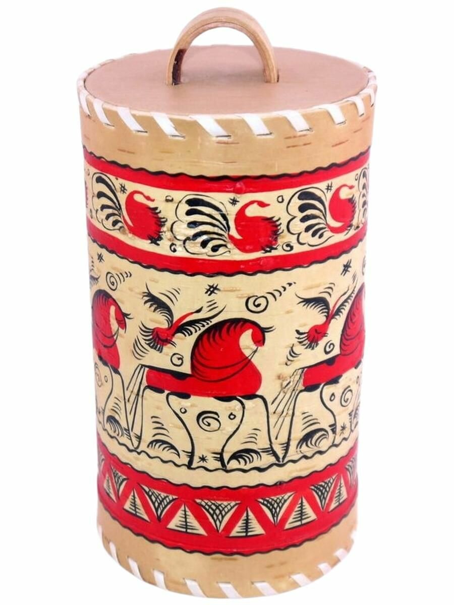 Шкатулка, Туес круглый "Кони-Олени" 17х10 (188), Северная роспись, ручное плетение из бересты и авторская роспись