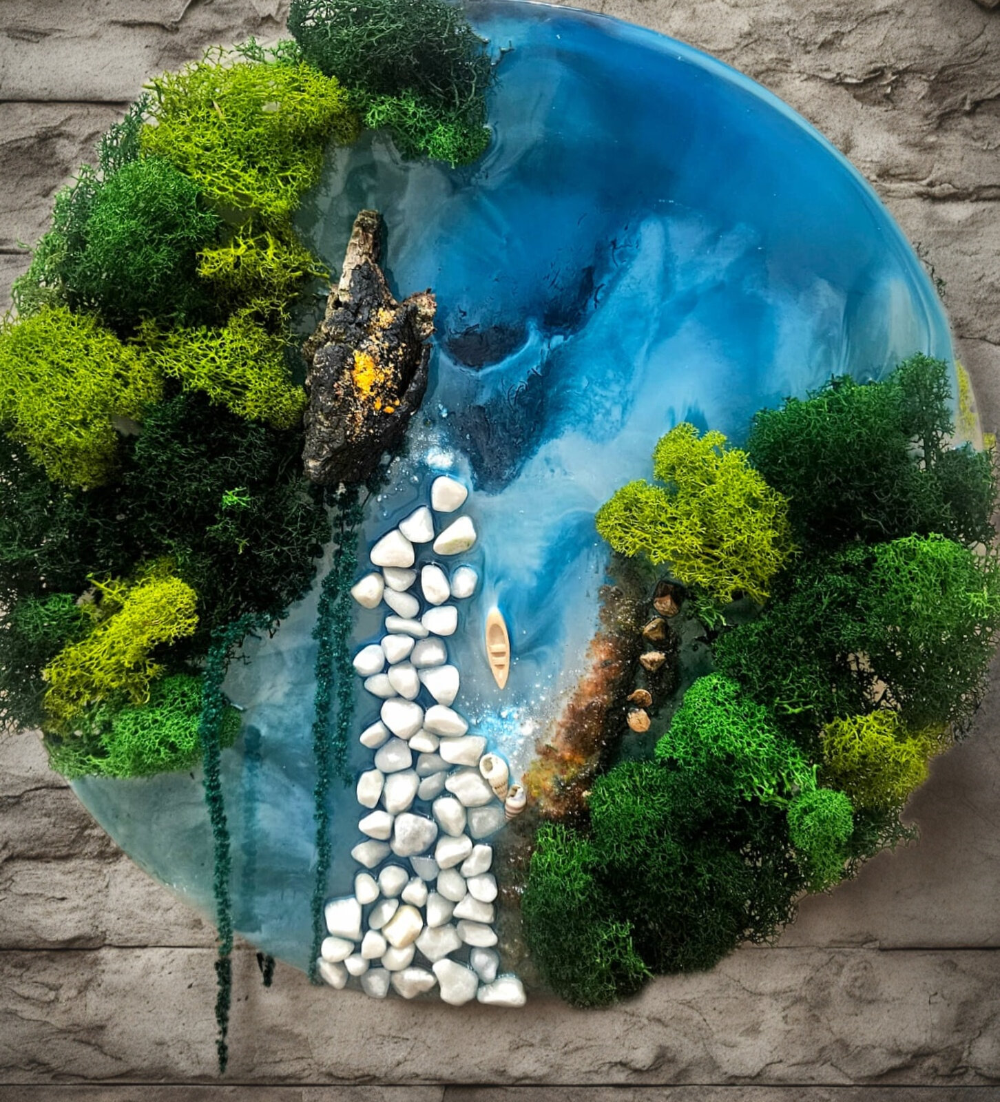 Эко кашпо картина из стекла на стену Гроты со мхом и амарантом, эпоксидной смолой, галькой 40 см