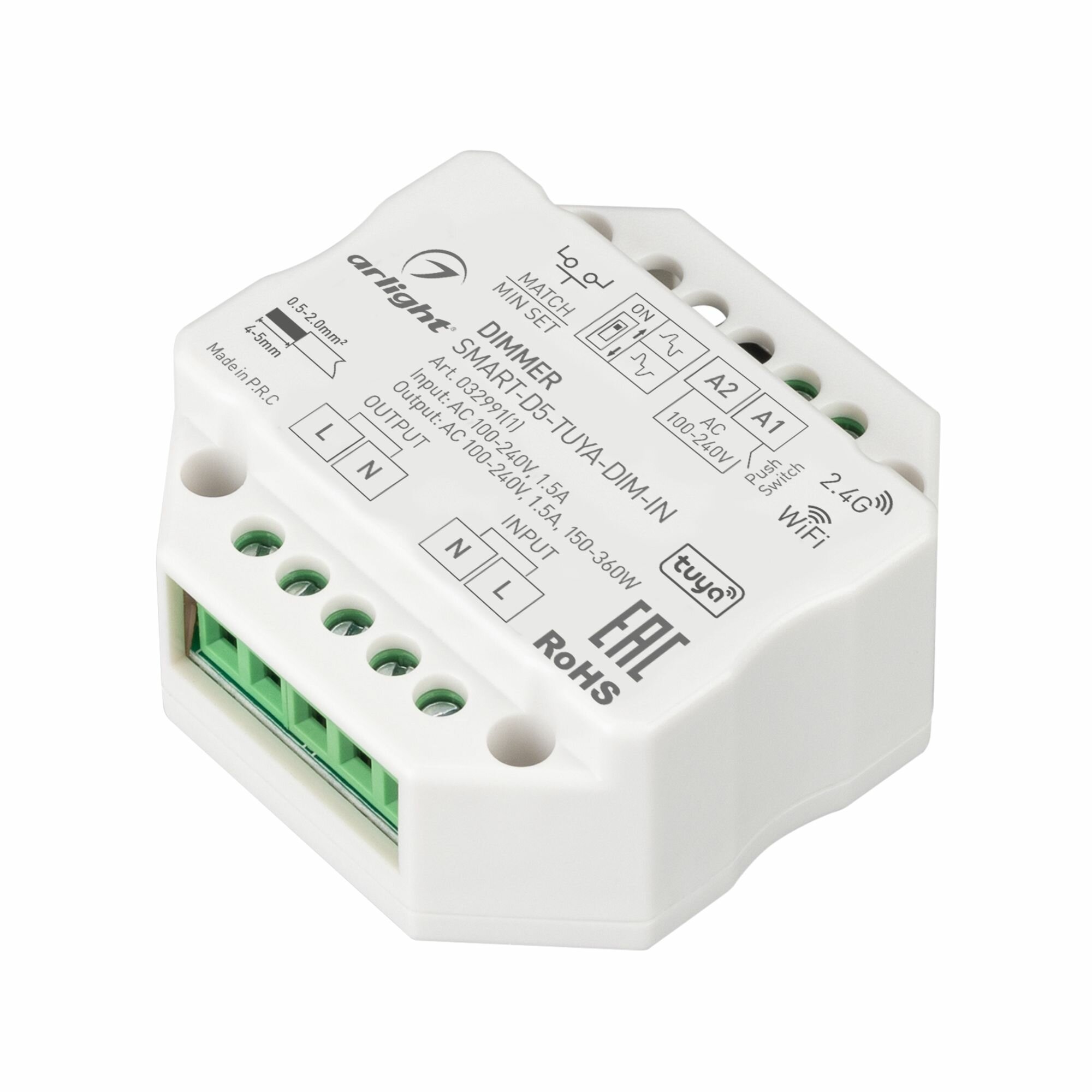 Диммер SMART-D5-TUYA-DIM-IN (230V, 1.5A, TRIAC, WiFi, 2.4G)