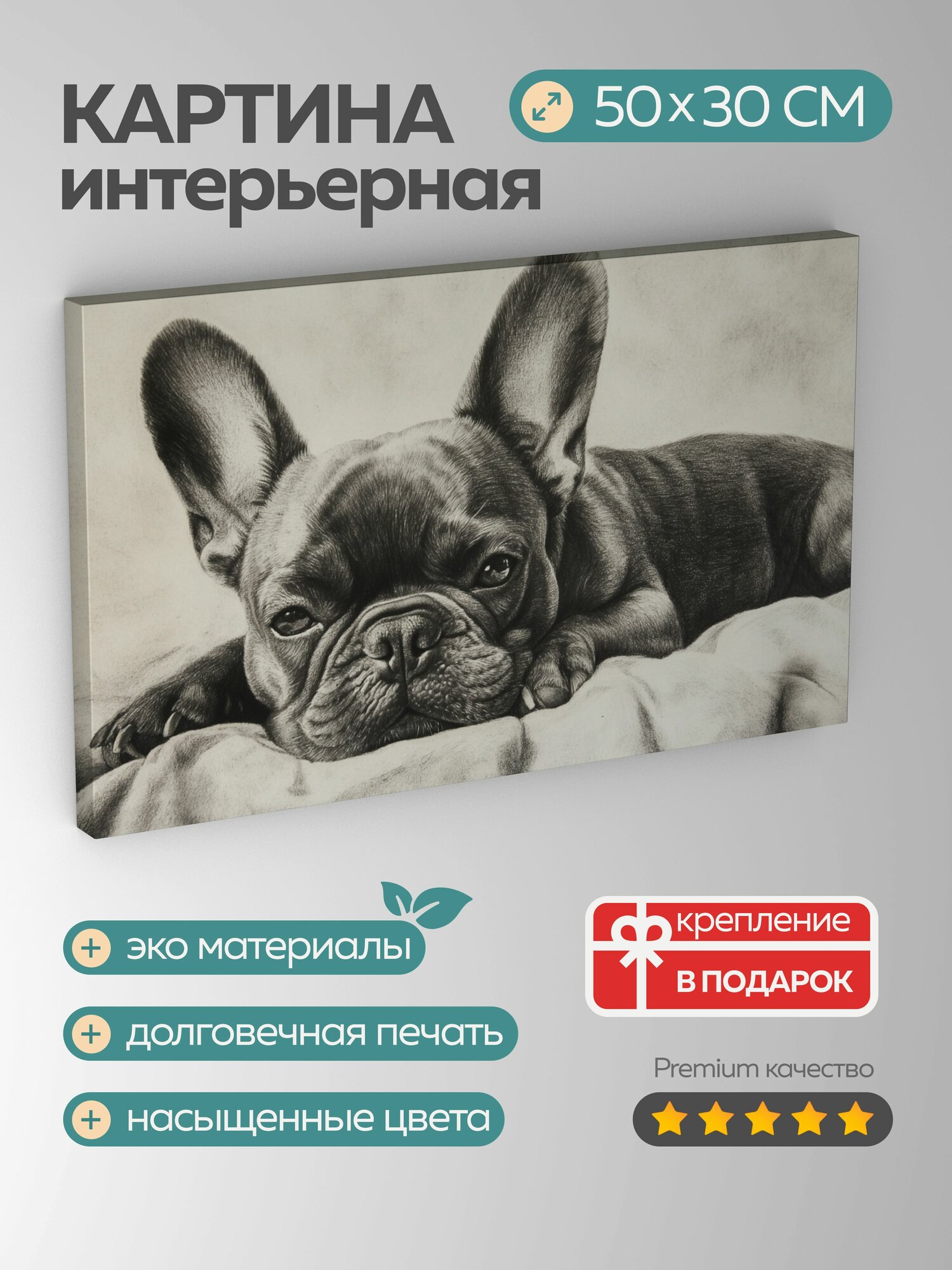 Картина на холсте интерьерная 50х30 см, французский бульдог, уголь, нежная натура, растушевка, текстуры, живопись