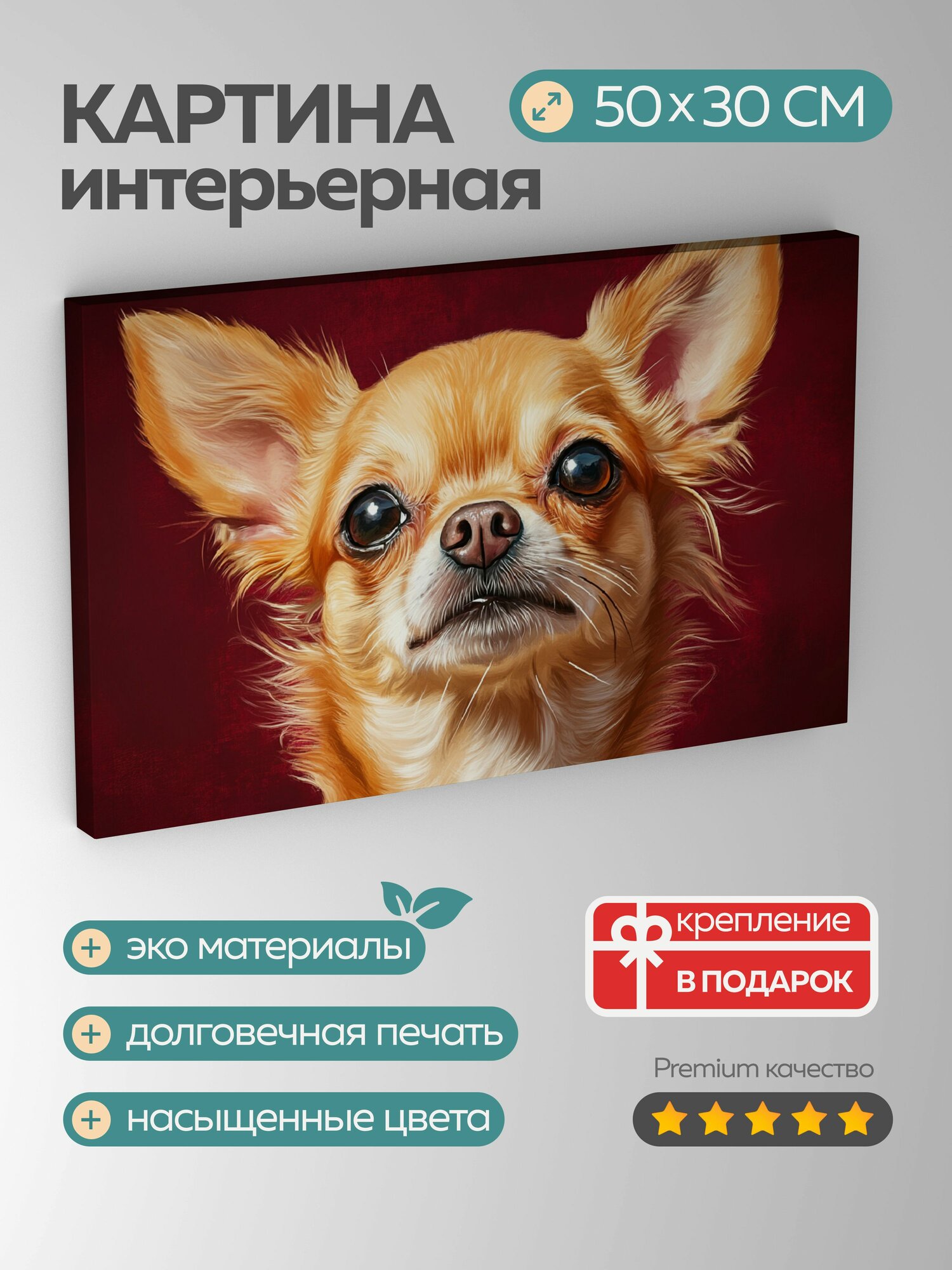 Картина на холсте интерьерная 50х30 см, чихуахуа, глаза, бордовый, игривый, очарование, выразительный, насыщенный