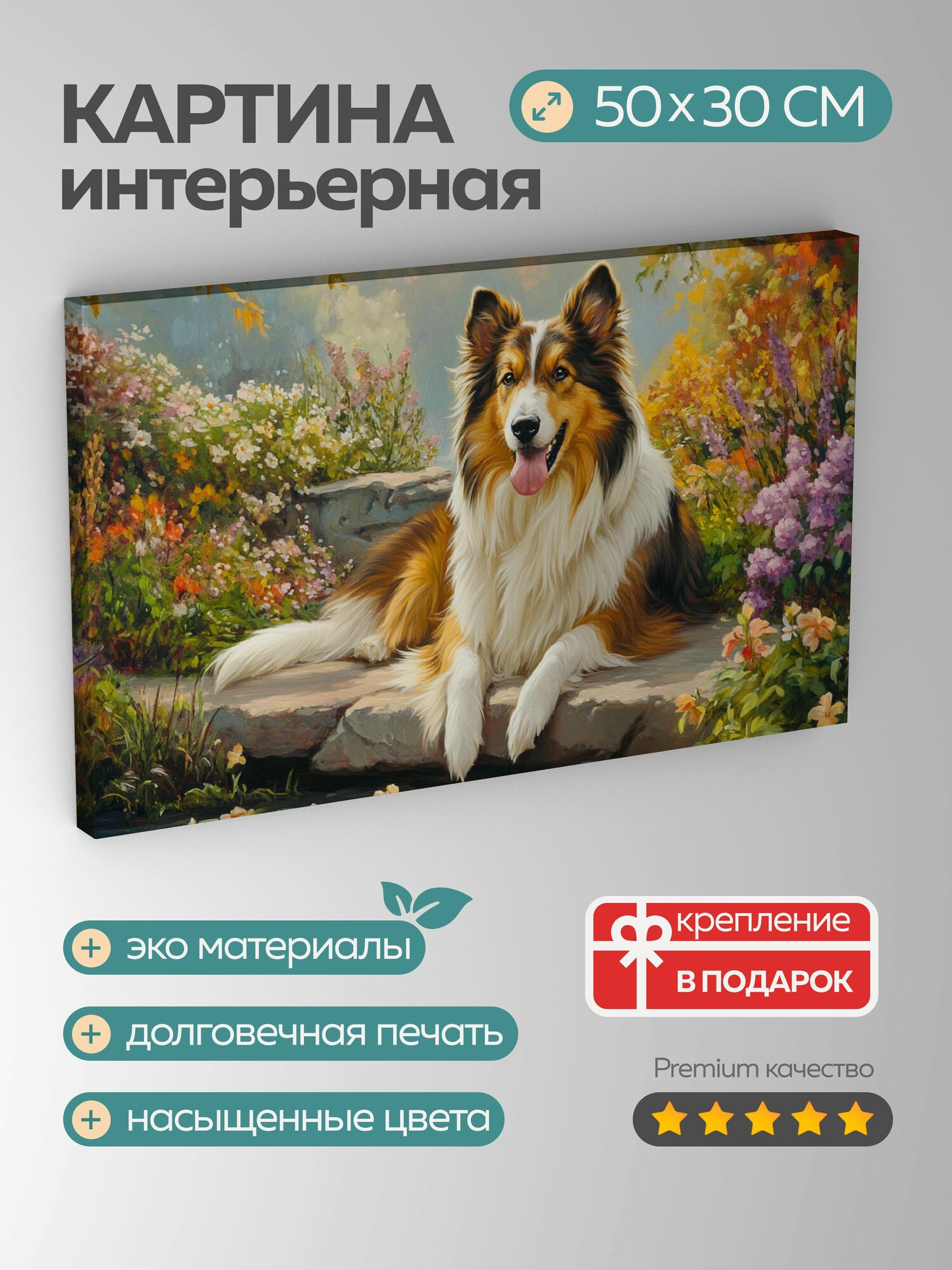 Картина на холсте интерьерная 50х30 см, фотография, колли, взгляд, нрав, собака, сад, доброта, понимание, тепло, уют