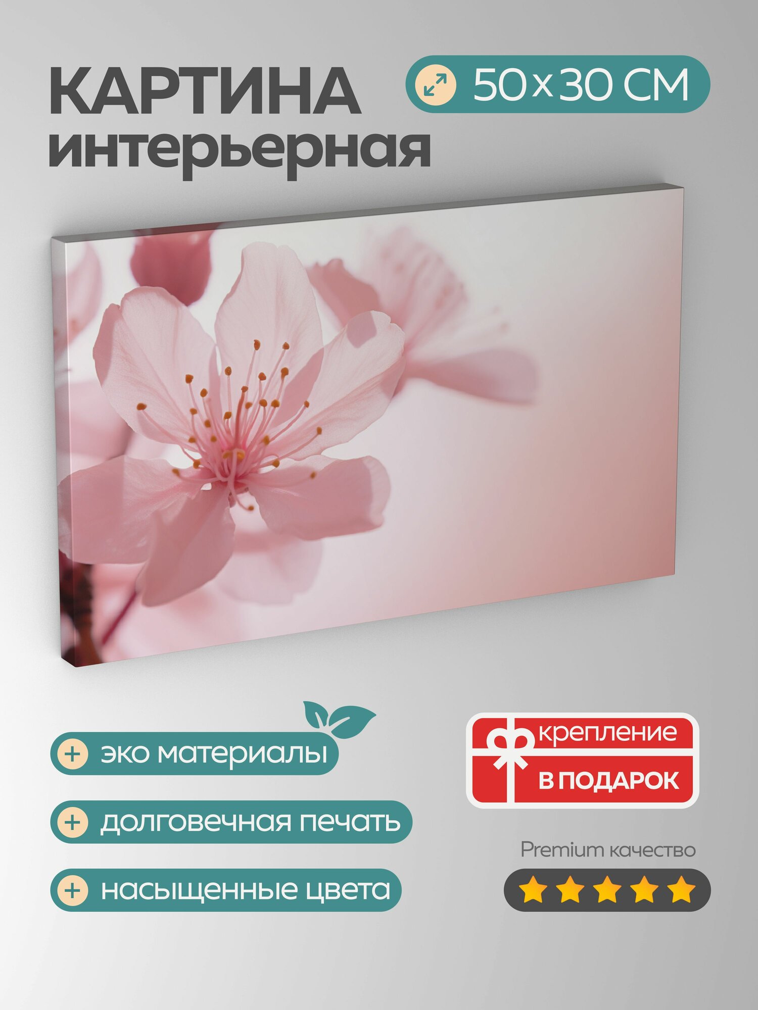 Картина на холсте интерьерная 50х30 см, вишня, цветущая, крупным планом, лепестки, розовый оттенок, солнечный свет