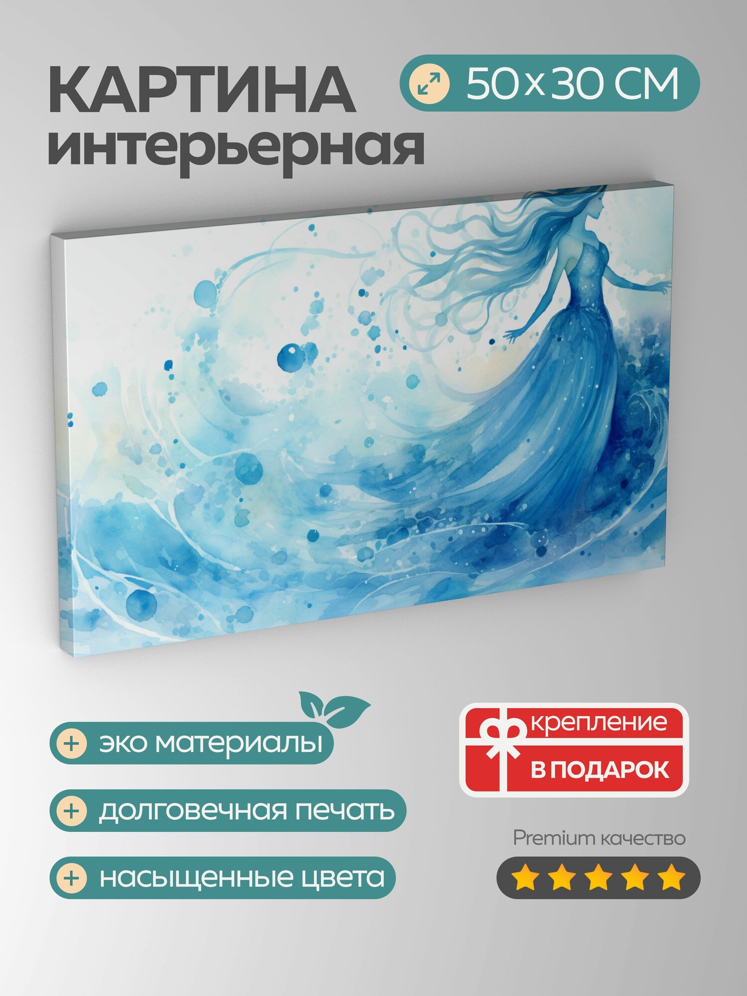 Картина на холсте интерьерная 50х30 см, акварельная иллюстрация, Рождение богини, небесная сцена, богиня, океан, узоры
