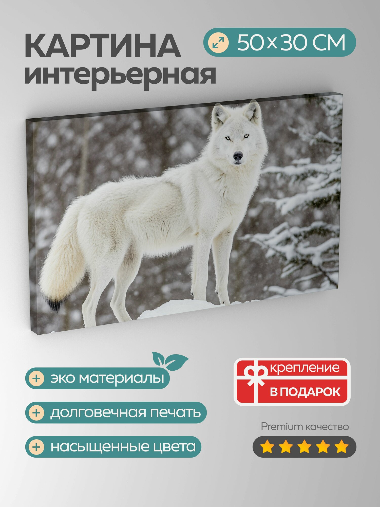 Картина на холсте интерьерная 50х30 см, волк, зимняя глушь, мех, снег, деревья, природа, холодное время года, Nikon
