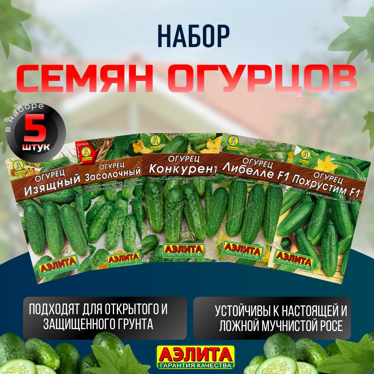 Набор семян огурцов 5 штук: Изящный, Засолочный, Конкурент, Либелле F1, Похрустим F1
