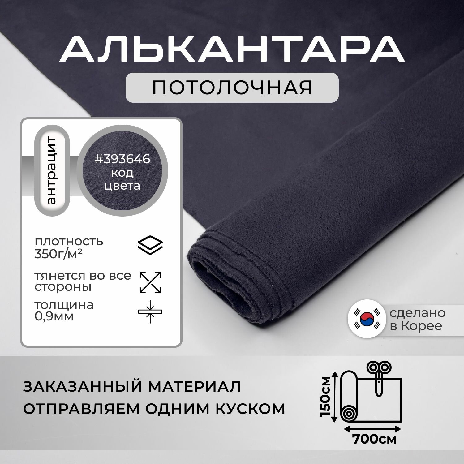 Потолочная ткань для автомобиля Алькантара - антрацит - толщина 0.9мм - 7 пог. м - 700х150см - обивочный материал для перетяжки салона