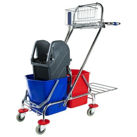 Тележка уборочная Brabix 601500, 2-съемных ведра по 15 л, отжим, корзина, держатель для мусорного мешка с поддерживающей платформой