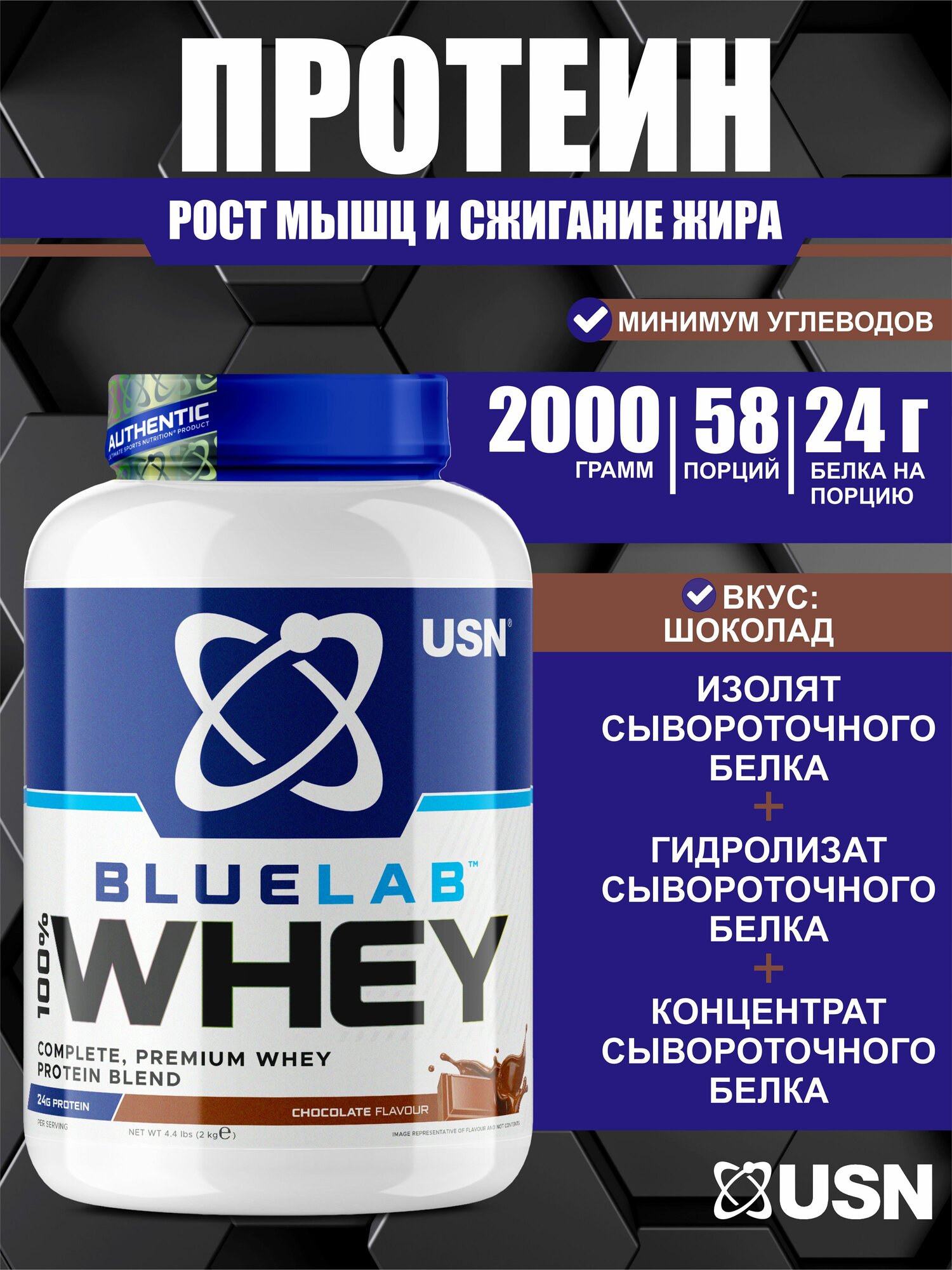 Протеин сывороточный изолят USN для роста мышц 2кг вкус Шоколад