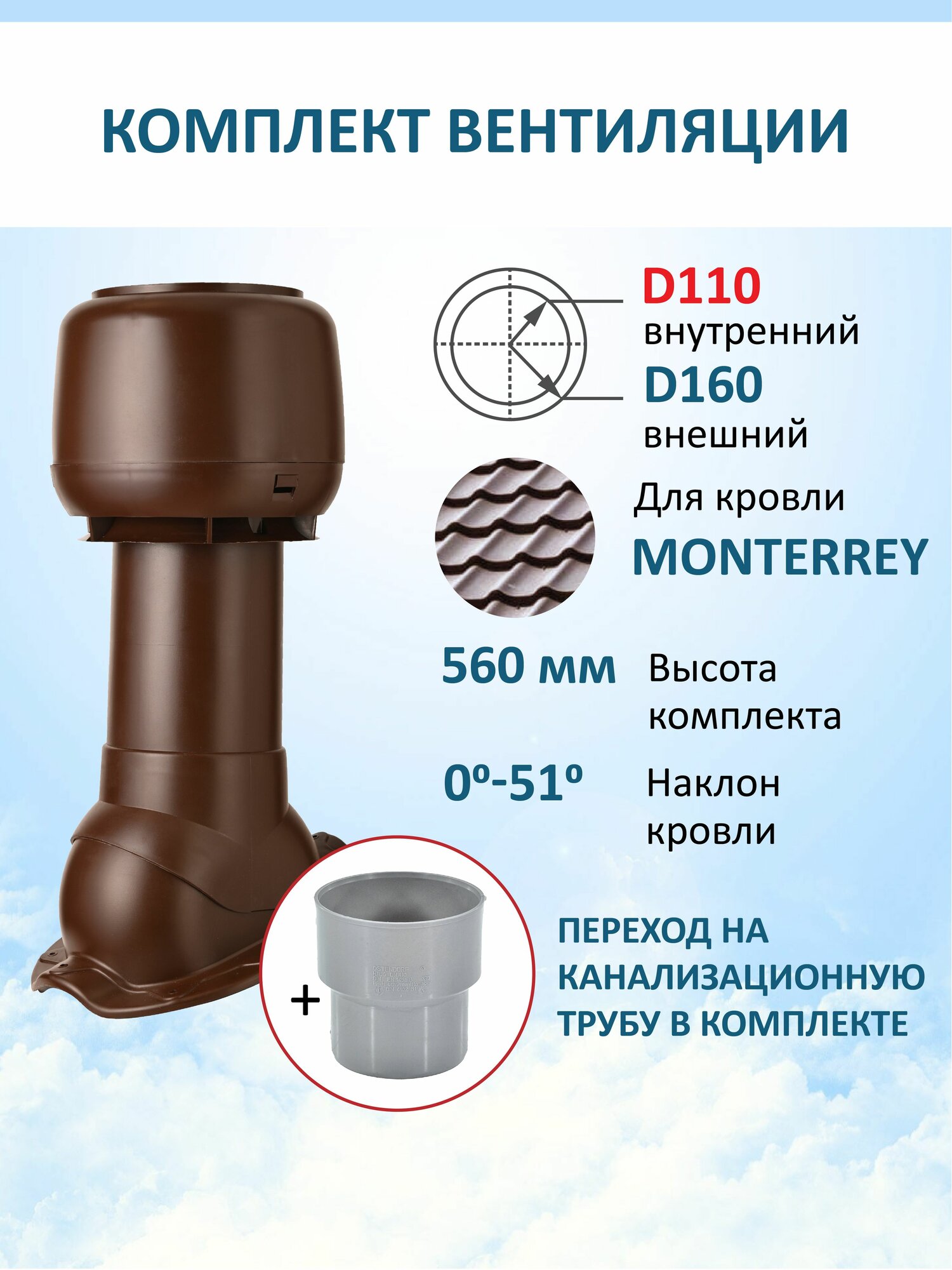 Колпак D160, вент. выход утепленный высотой Н-500 с переходом D110, для металлочерепицы Monterrey