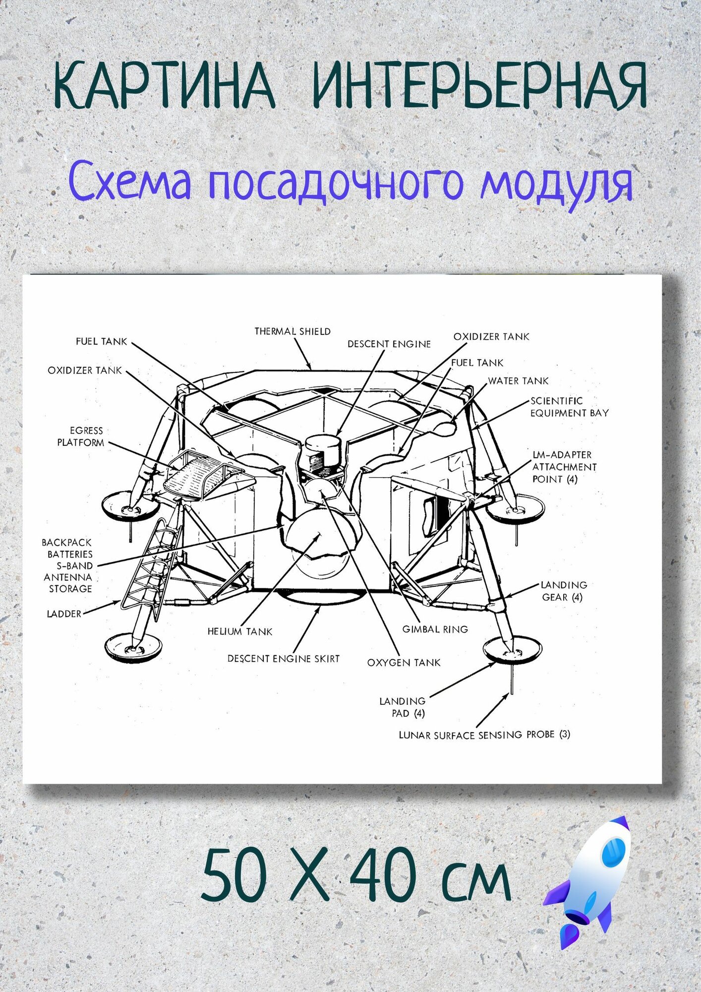 Картина с космическим аппаратом "Лунный Посадочный модуль" 50х40 холст