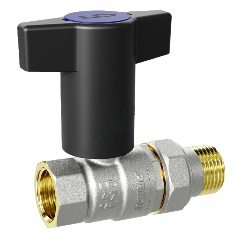 Кран шаровой латунь никель Pride Ду 15 Ру40 ВР/американка с Т-рукояткой красной/синей аналог 11б27п1 LD 47.348.15 RB