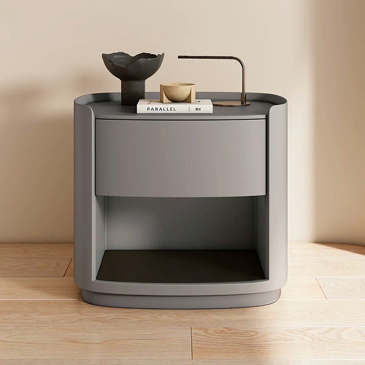 Тумбочка прикроватная с одним ящиком в современном стиле обитая экокожей Nomi 40 см (серый)