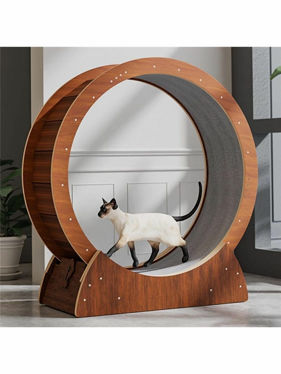 Беговое колесо для кошек, Твердая древесина, размер 80 см*68 см, подходит для кошек весом менее 3,5 кг, коричневый