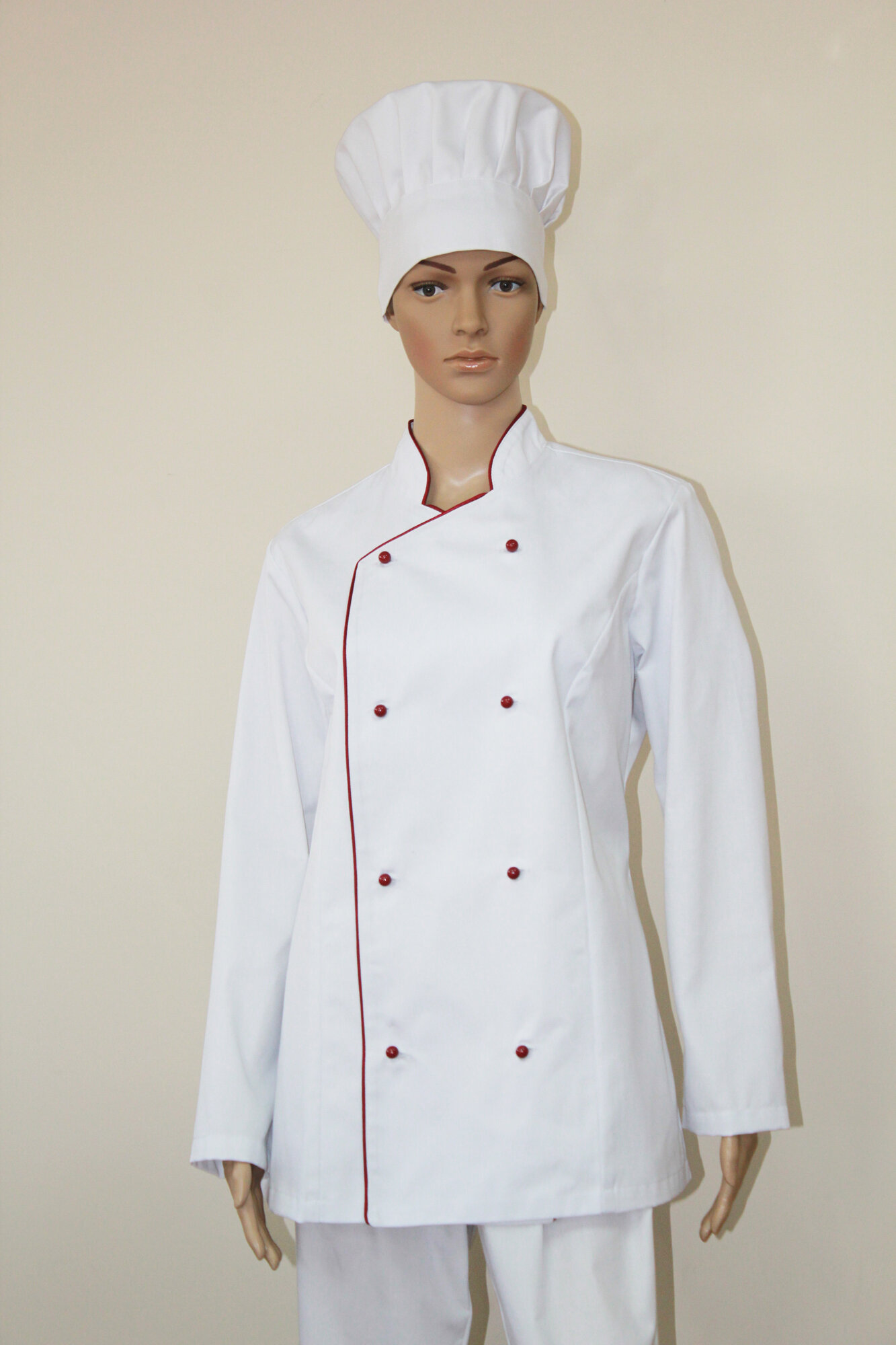 Китель поварской размер 44 женский белый с бордовым кантом (ткань плащевая)