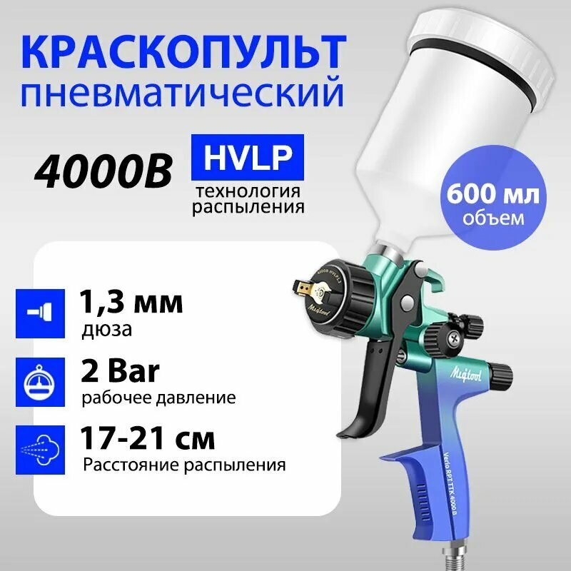 Краскопульт для компрессора воздушного HVLP, краскораспылитель пневматический 4000B, Сопло 1.3 мм, бачок 600 мл