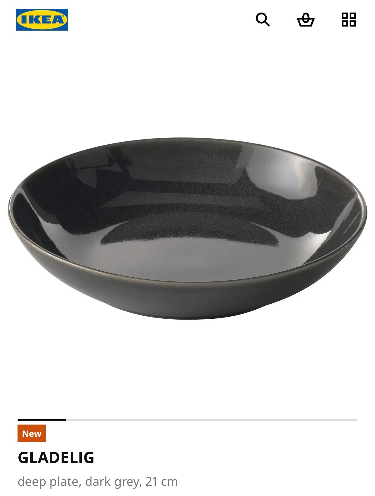 Тарелка для супа глубокая GLADELIG IKEA, темно-серая, 21 см