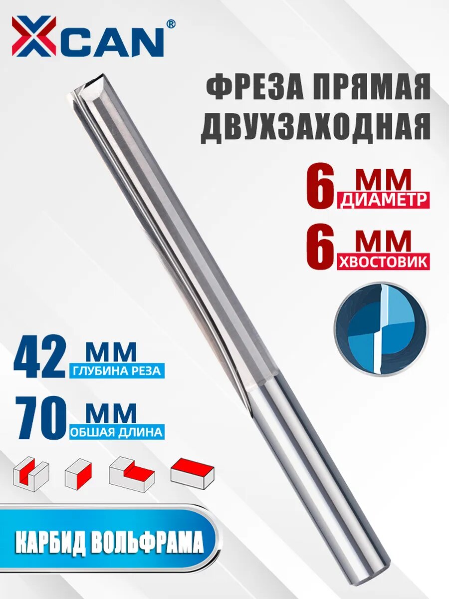 Фреза прямая по дереву двухзаходная, 6х6х42х70 мм