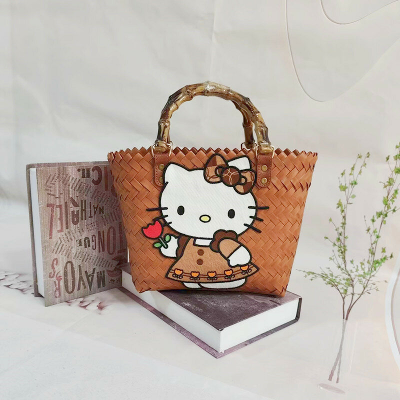 Корзина - Мешок из ротанга для организации и хранения вещей Вышивка Hello Kitty