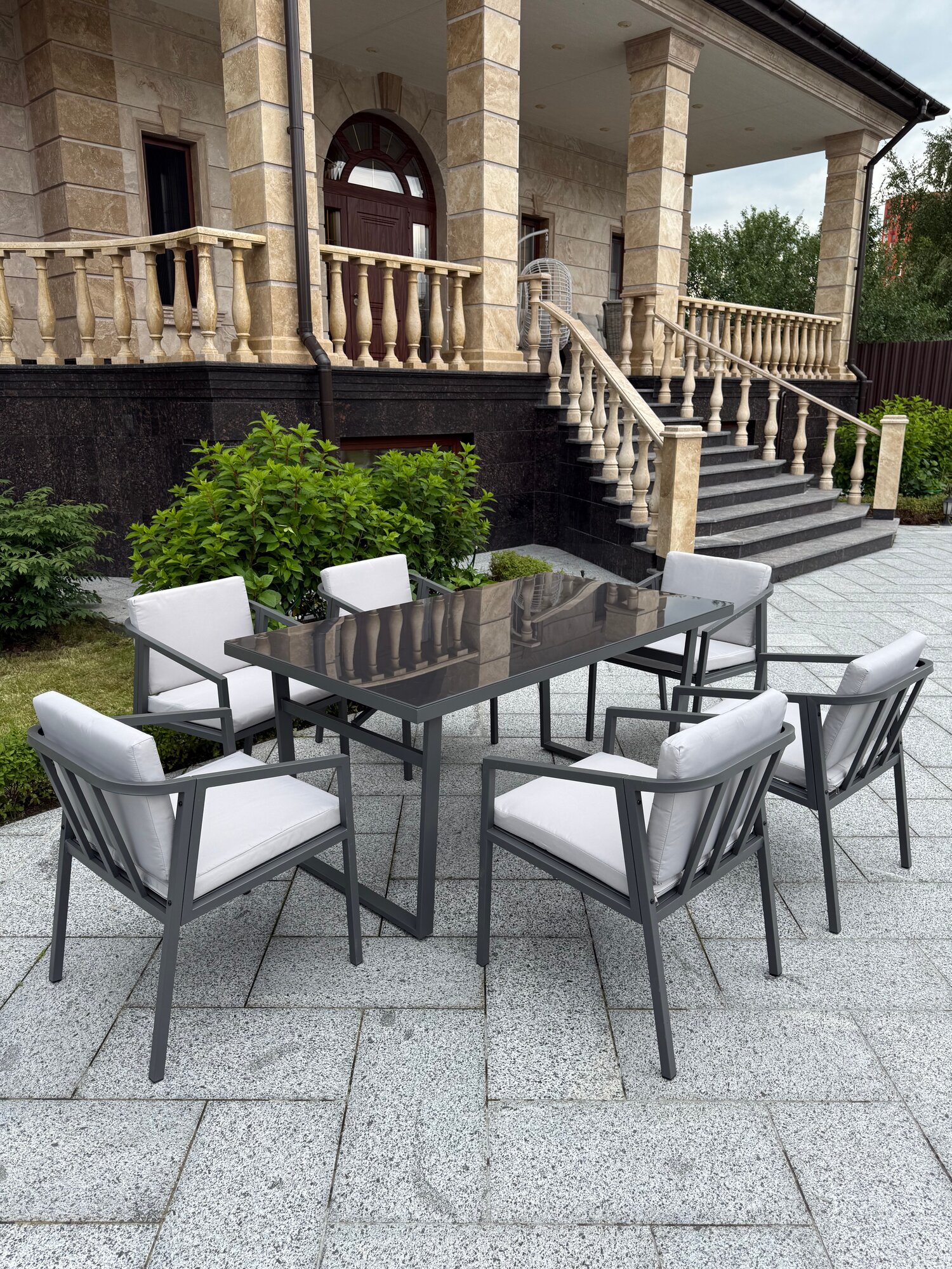 PREMIUM Комплект садовой мебели Full Comfort - MODENA (обеденный стол, 6 кресел) металлический каркас, серый