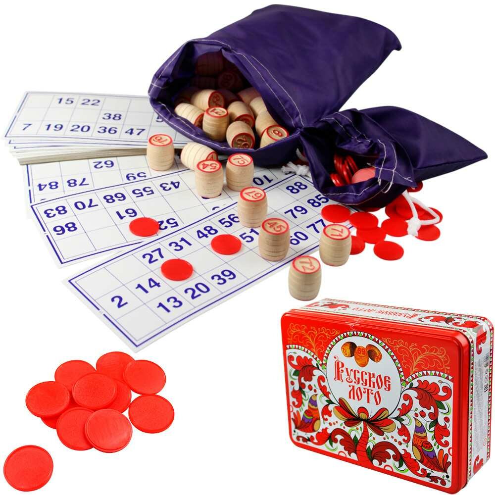 Русское лото Десятое Королевство «Узоры», красное, деревянное, 90 бочонков, 24 карточки