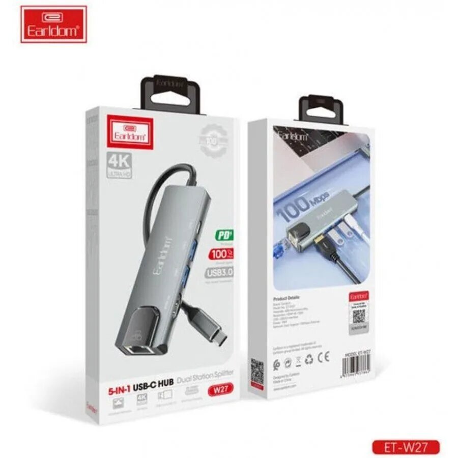 Хаб 5в1 HDTV USB-C Earldom ET-W27, серебро