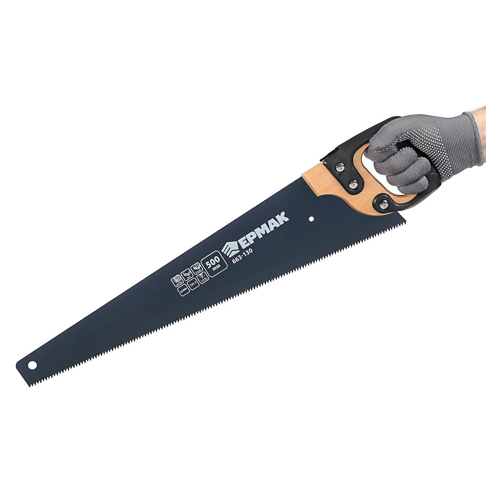 Ножовка по дереву 500 мм с деревянной обрезиненной ручкой, универсальный зуб, 4 мм