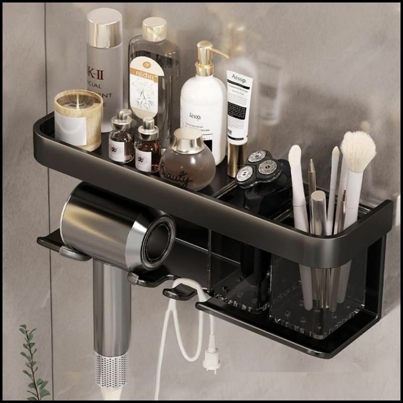 Держатель для фена в ванную без сверления настенный, подставка для расчесок, полка органайзер