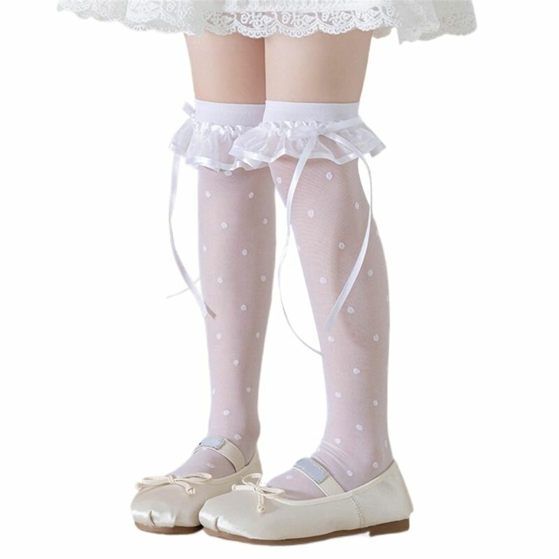 Детские кружевные чулки - Белый в горошек