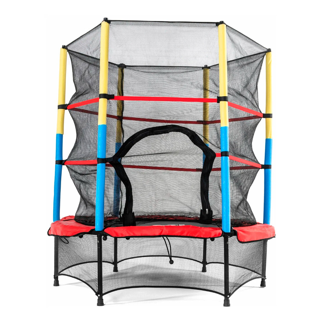 БатутDFC Jump Kids 55" (55INCH-JD-RYB) с защитной сеткой, нагрузка до 45 кг, 140×140×165 см, красный/желтый/синий