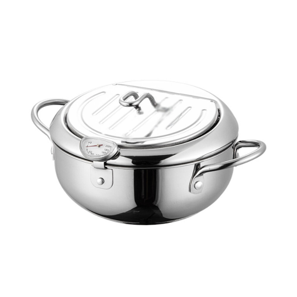 Глубокий жарочный чан для темпуры японский из нержавеющей стали 304 с термометром и фильтрацией масла, размеры 20см, 24см (доступно), цвет серебристый