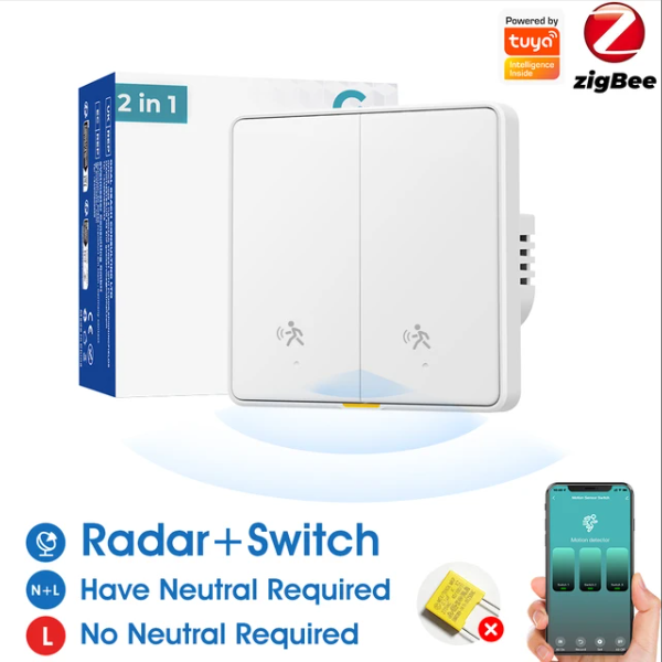 Умный ZigBee выключатель, двухканальный, с датчиком движения, белый