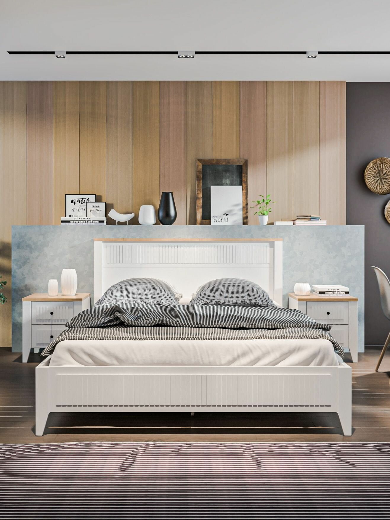 Кровать двуспальная столплит Монтана СБ-3550 на ножках, ЛДСП, МДФ, Белый Альпийский, Дуб Гамильтон, 166х212х103 см