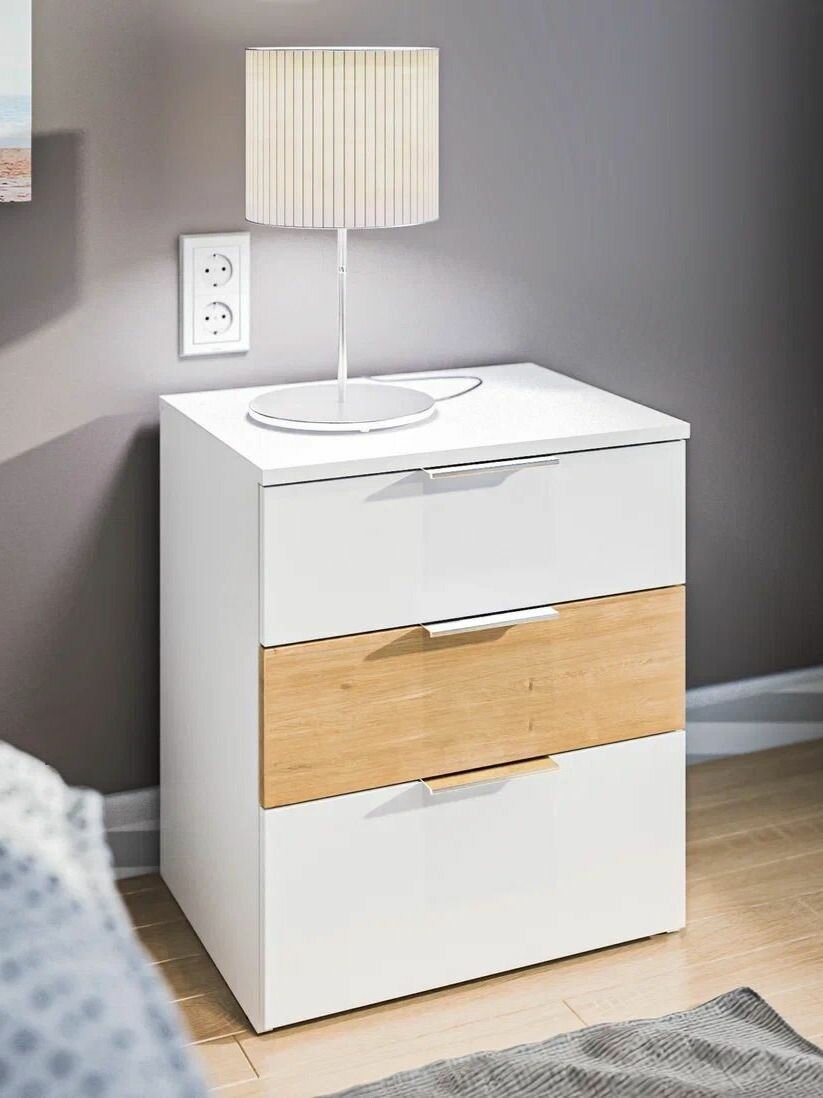 Тумба прикроватная столплит Мальта СБ-3295 с 3 ящиками, ЛДСП Белый/МДФ Дуб Гамильтон 50х58х40 см.