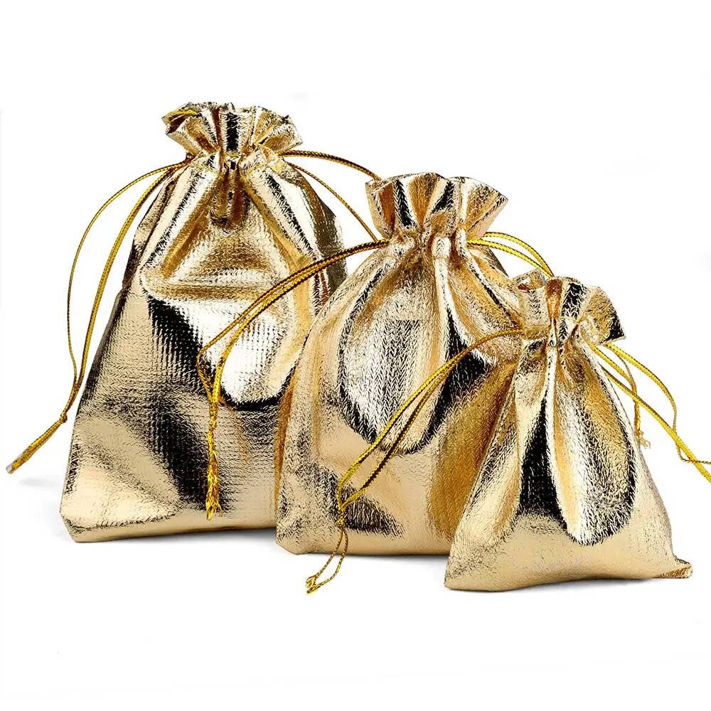 Золотые тканевые подарочные пакеты 25 шт. Gold color, 10x15cm, 25pcs