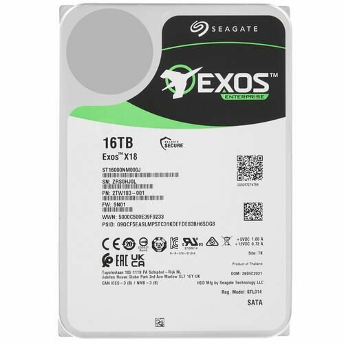 3.5" 16 ТБ Жесткий диск Seagate Exos X18 (ST16000NM000J) - SATA III, 6 Гбит/с, 7200 об/мин, кэш память - 256 МБ, RAID Edition