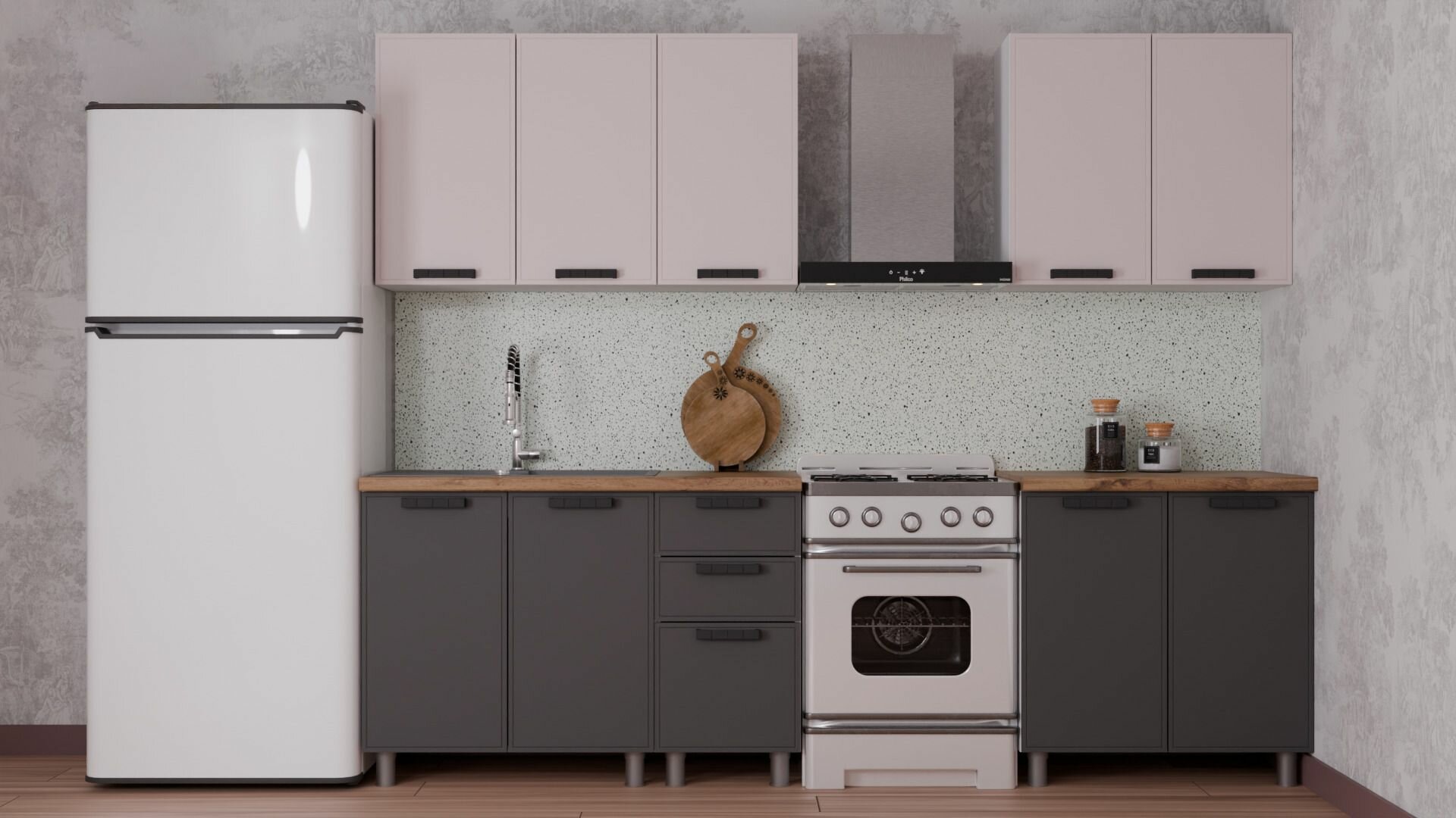 ARNIKA Кухонный гарнитур Магнолия 2 м Кашемир/Сталь, черный, без столешницы