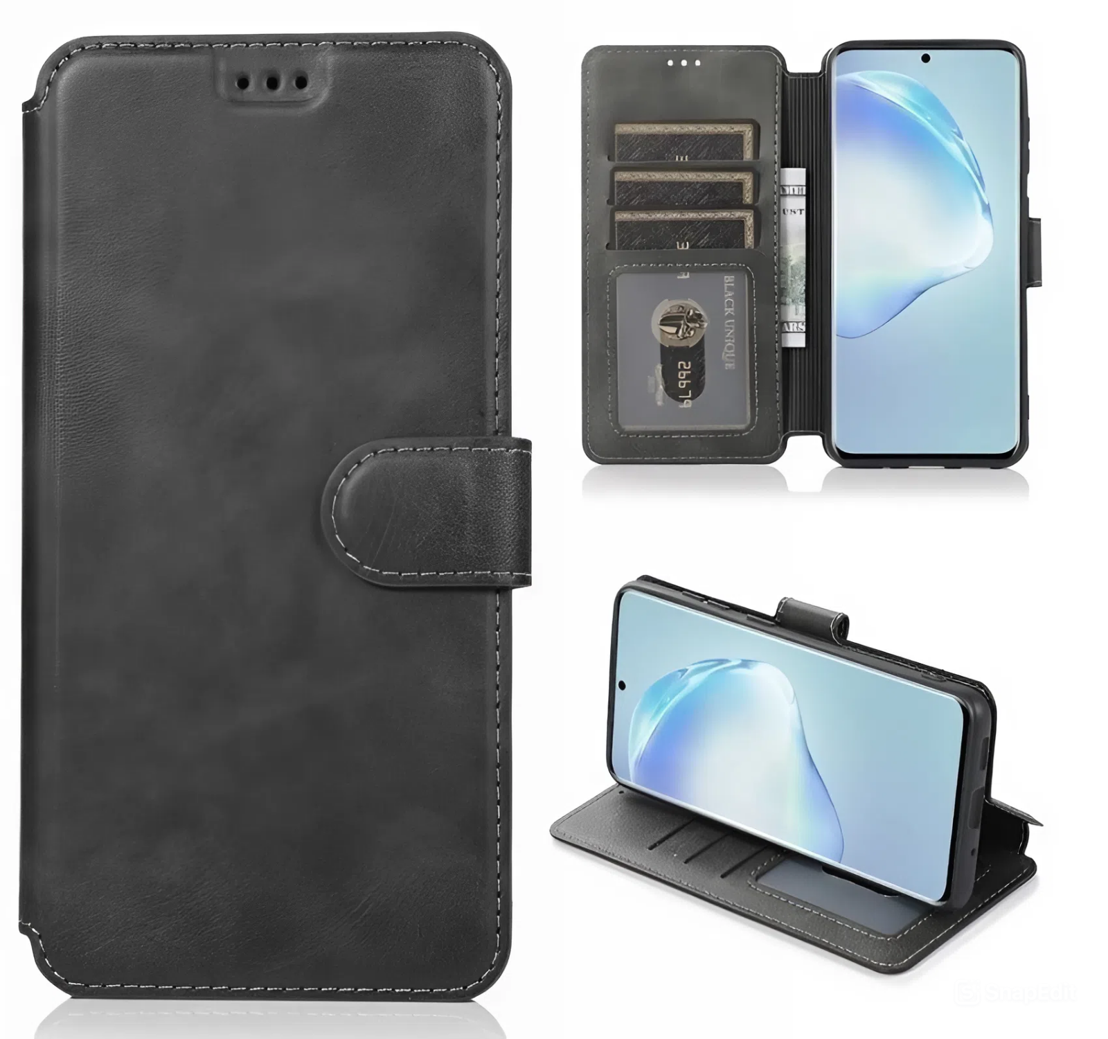 Чехол книжка для Xiaomi Redmi 9 кожаный черный с магнитной застежкой