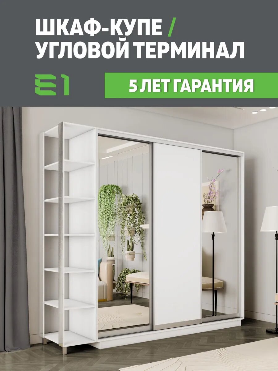 Шкаф-купе Е1 Экспресс с открытыми полками трехдверный, 2 зеркала/лдсп, 210х60х220, белый