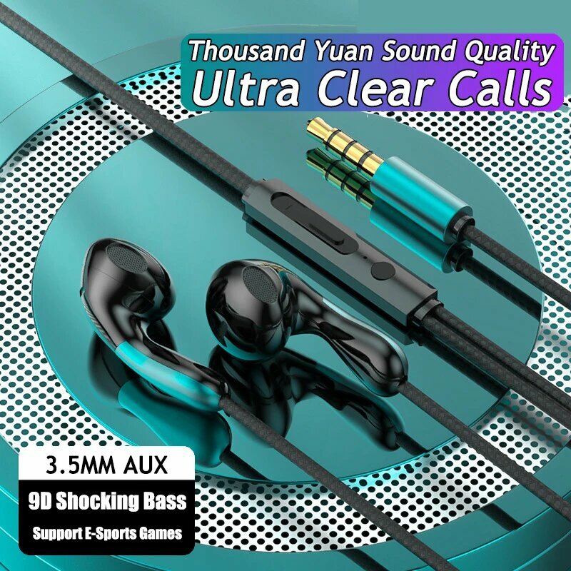 Проводные наушники 3.5mm AUX Green 9D Bass