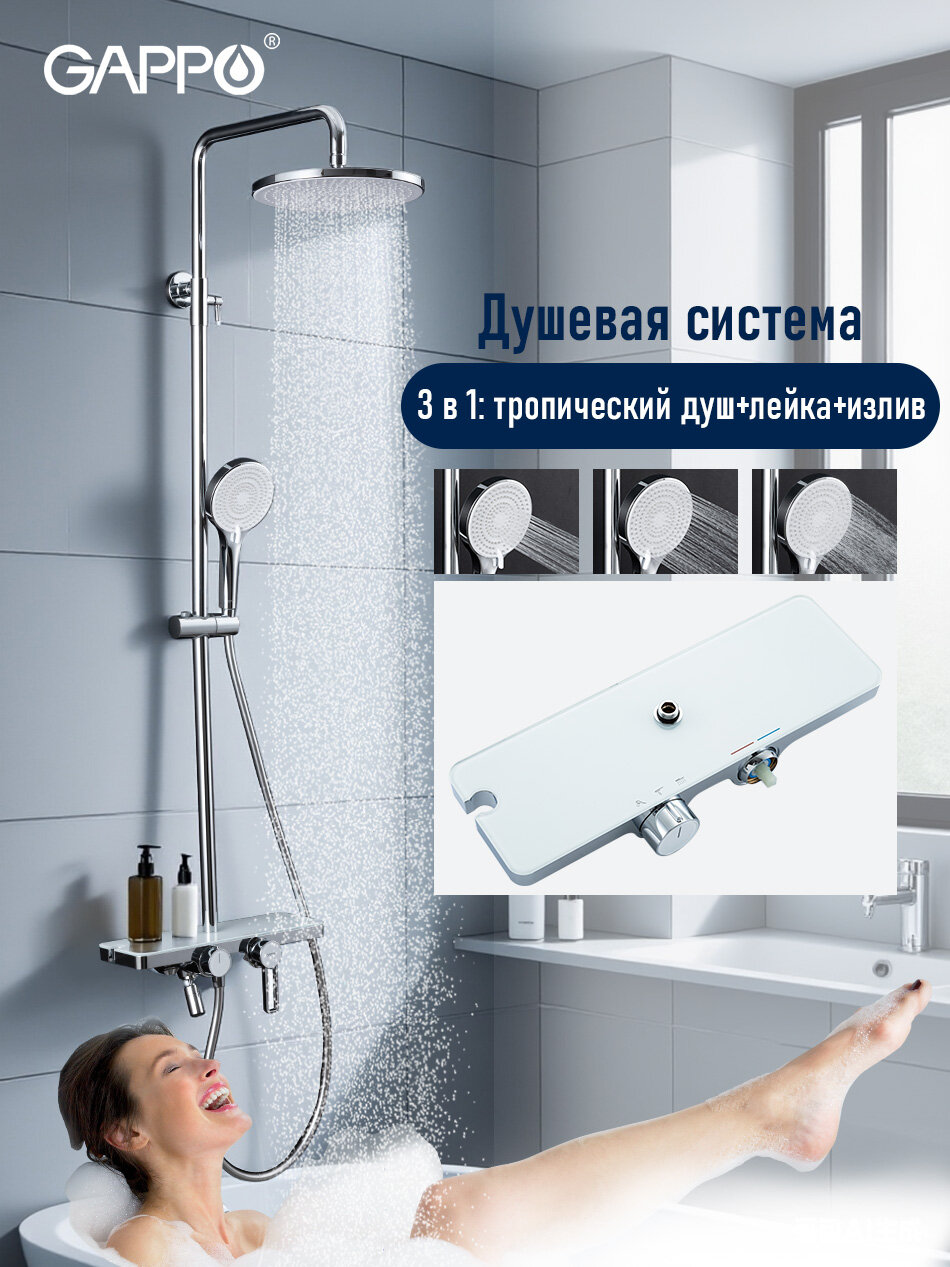 GAPPO Душевой комплект с регулировкой температуры и холода с полочкой хром Y2400035