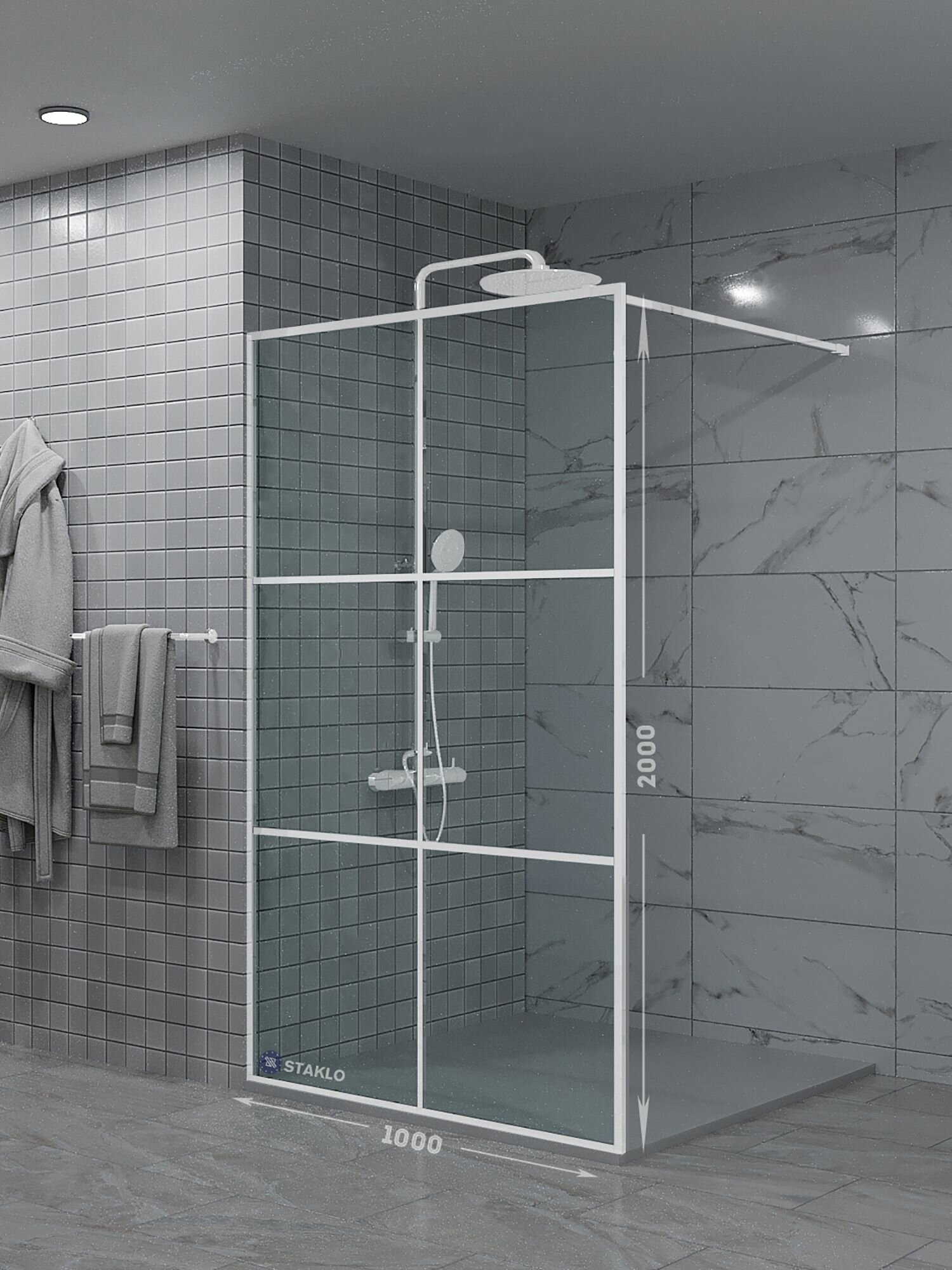 Loft душевая одиночная перегородка staklo 100x200 из прозрачного стекла белая фурнитура