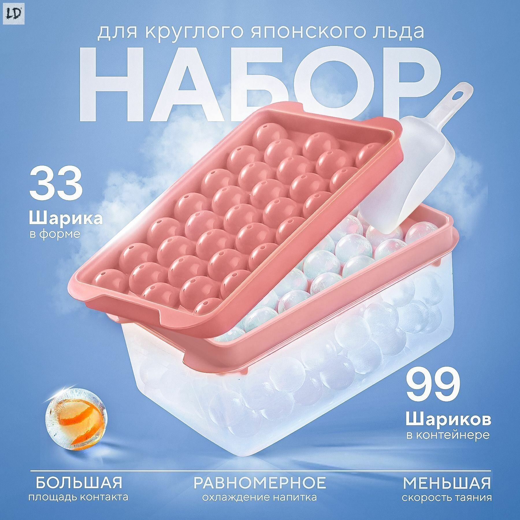 Форма для льда, пластик, 33 ячейки, с совочком, мытье в посудомоечной машине, цвет прозрачный