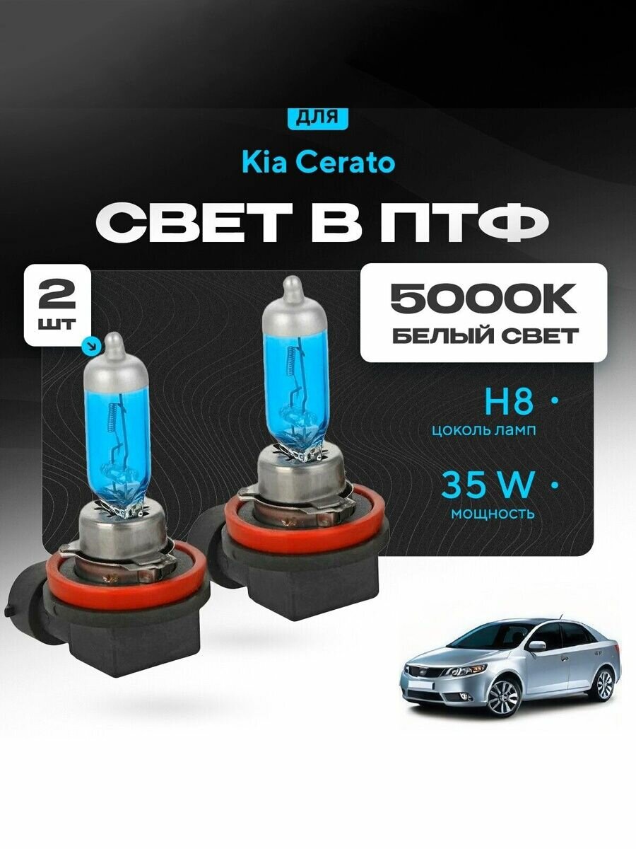 Белые галогеновые лампы H8 в ПТФ для Kia Cerato II (TD, седан) 2009-2013. H8 в туманки для КИА Церато. Галоген в противотуманные фары