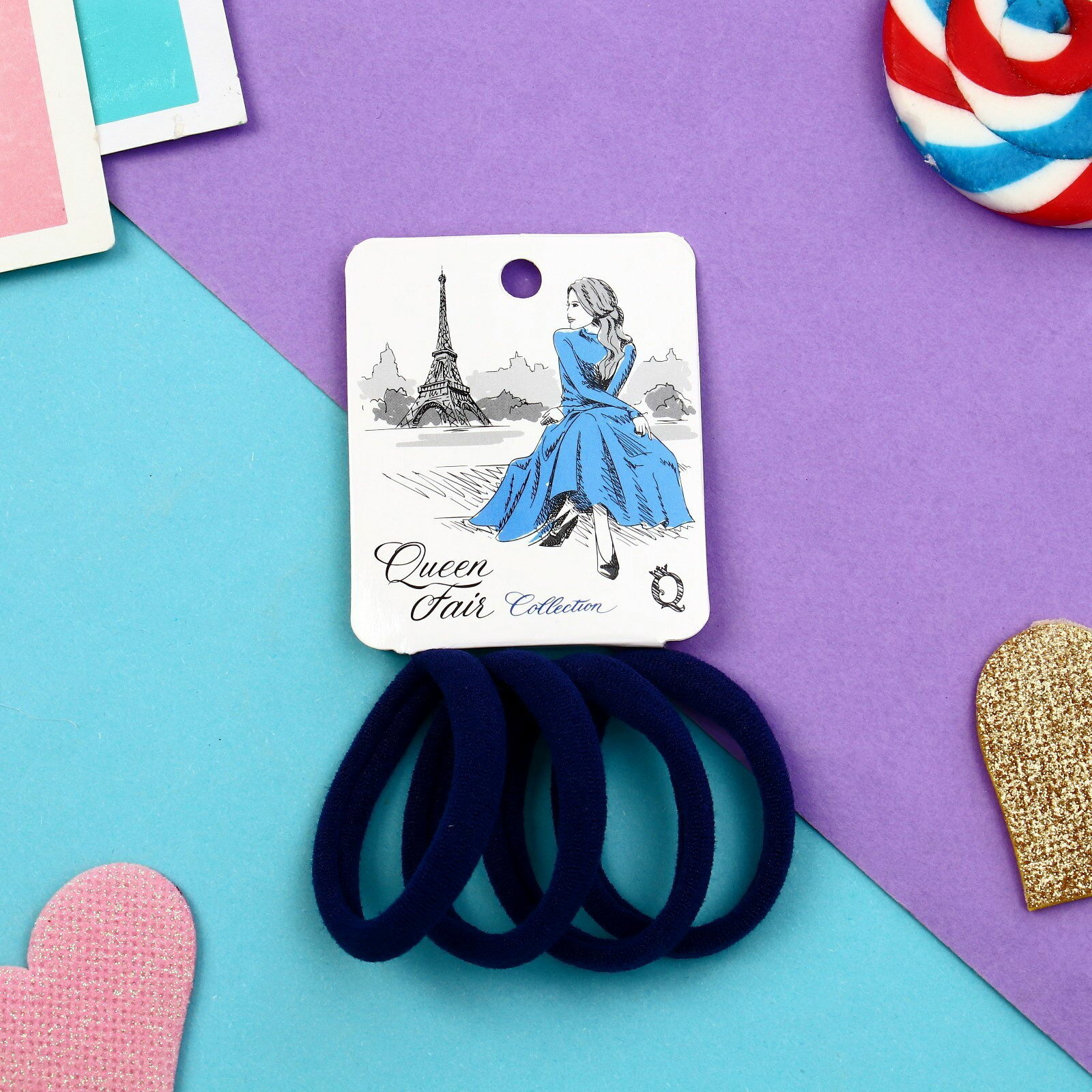 Резинки для волос "Марлен", набор 4 шт, фантазии, 4 см, синие, 9 шт.