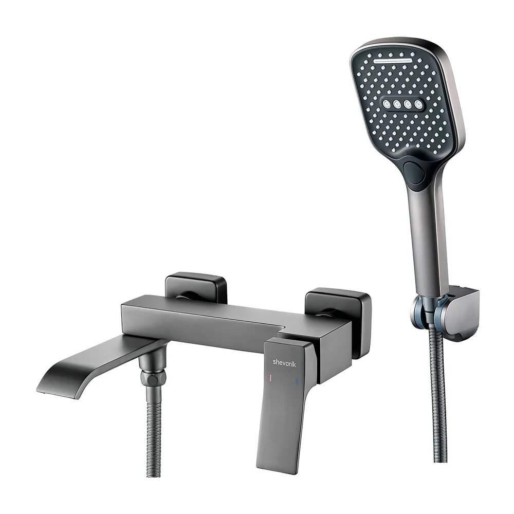 Смеситель для ванны с душем Shevanik S4002T с душевым гарнитуром, настенный, однорычажный, каскадный, с поворотным изливом, матовый, латунный, с керамическим картриджем