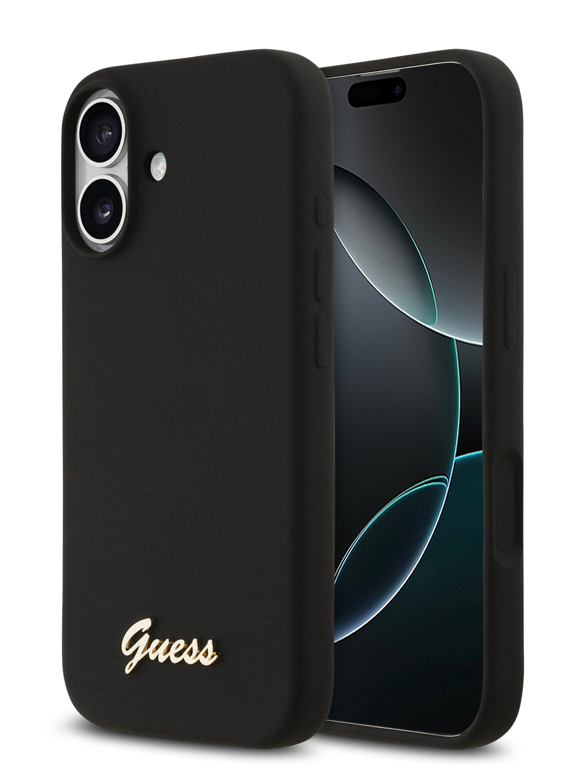 Guess силиконовый чехол с MagSafe для iPhone 17, Liquid silicone Gold metal logo, черный