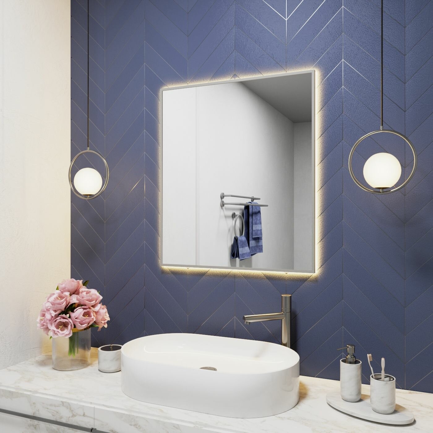 Зеркало настенное 70х70 см. BLX MIRROR с подсветкой в ванную в алюминиевой раме. Свет: Теплый белый 3000К, Серебро